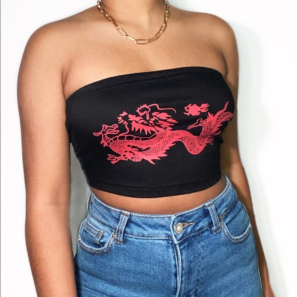 Tops | Black Dragon Print Crop Top | Poshmark